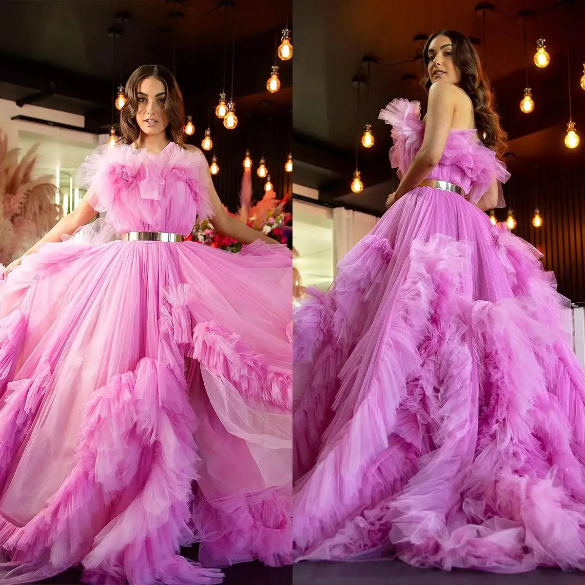 Custom Made Fuchsia Tulle Tiered Tulle Prom Dress With Sweetheart ...