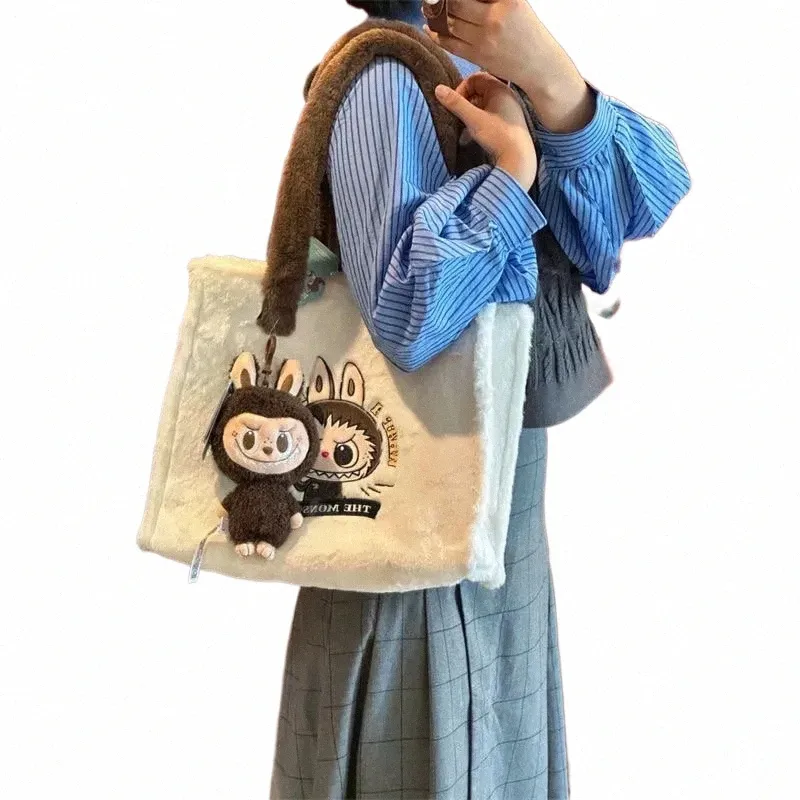 2024 New Labubu School Bag Carto Embroidery Soft Plush Tote Bag Shopper ...