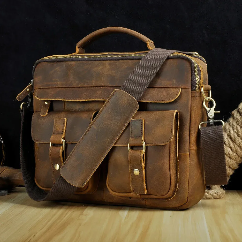 Leaokuu Mens Real Leather Briefcase Antique Style Coffee Business ...
