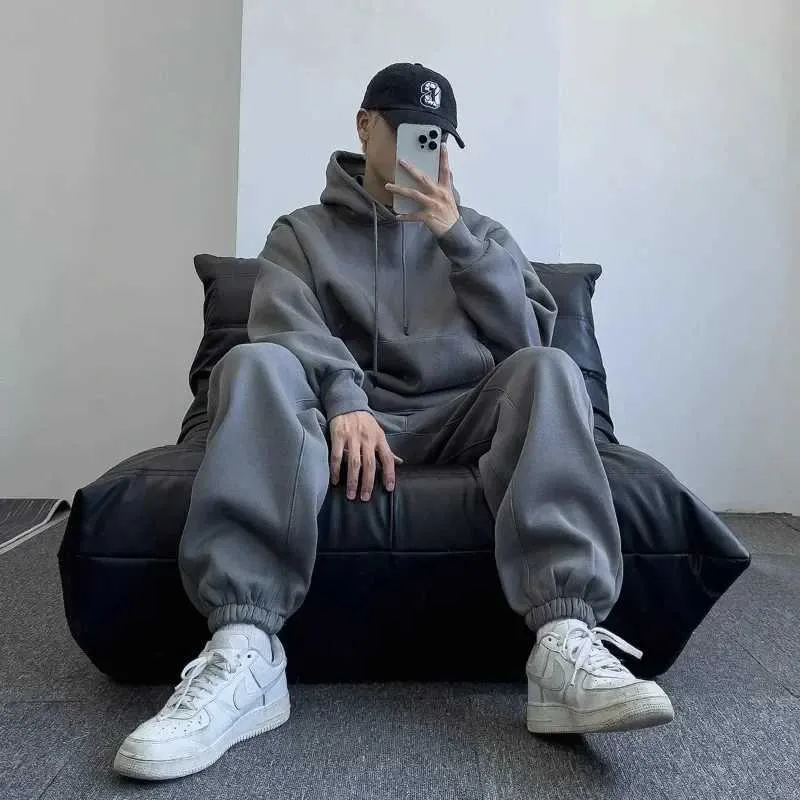Men's Grey Velvet Tracksuit Set: New Autumn Winter Simple High-End ...
