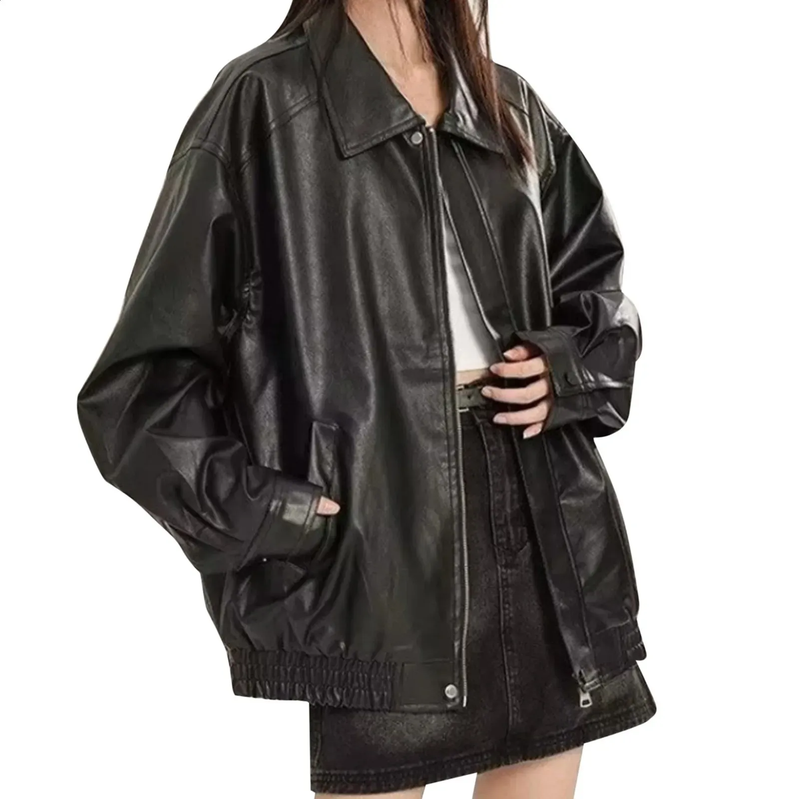 Women's Oversized Faux Leather Bomber Jacket: Vintage Style Long Sleeve ...
