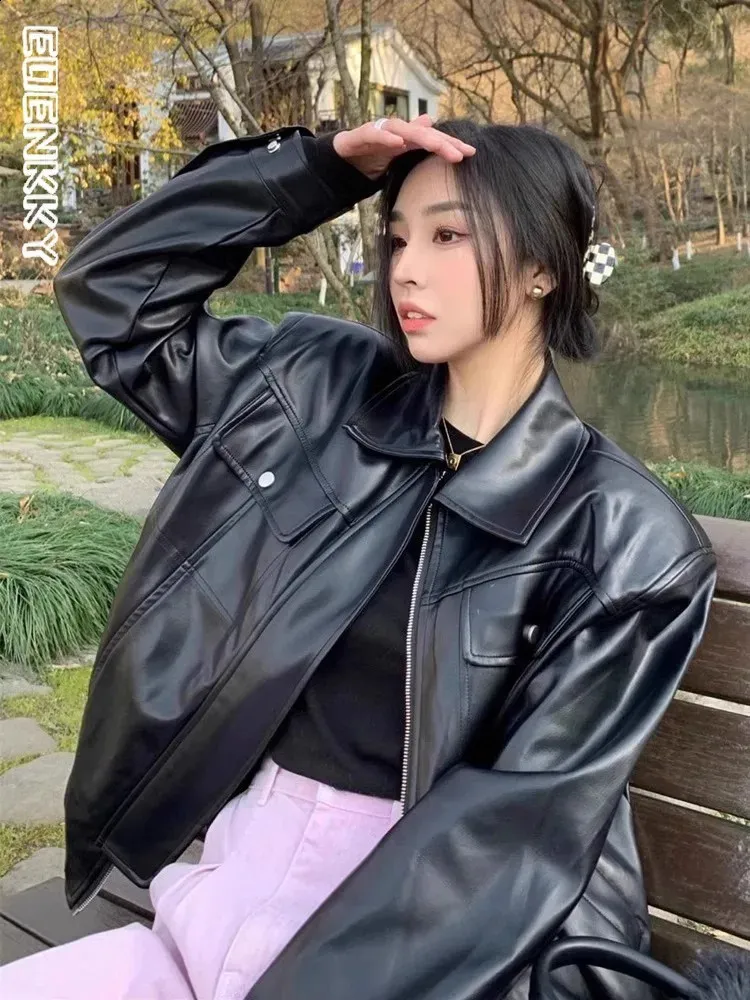 Vintage Korean Leather Bomber leather jacket for Women - Y2K Vintage Korean Leather Bomber leather jacket for Women - Y2K