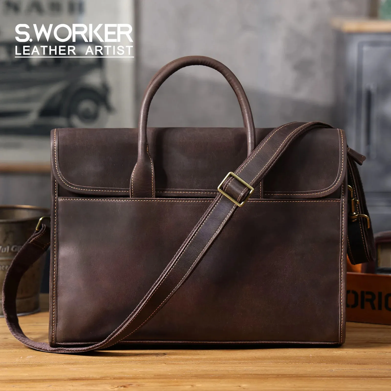 S.WORKER Mens Laptop Briefcase 14-Inch Crocodile Leather Business ...