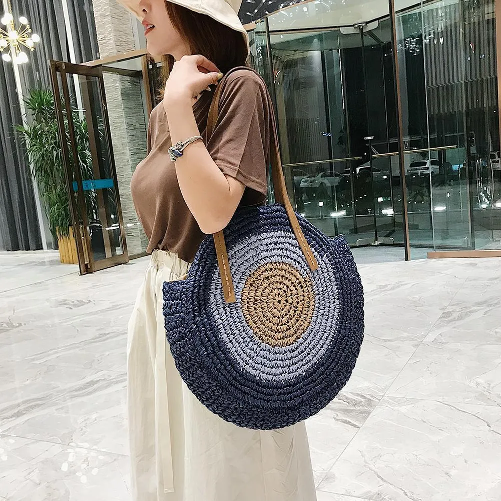 Color Patchwork Woven Straw Handbag - Round Rattan Drawstring Bag, Best ...