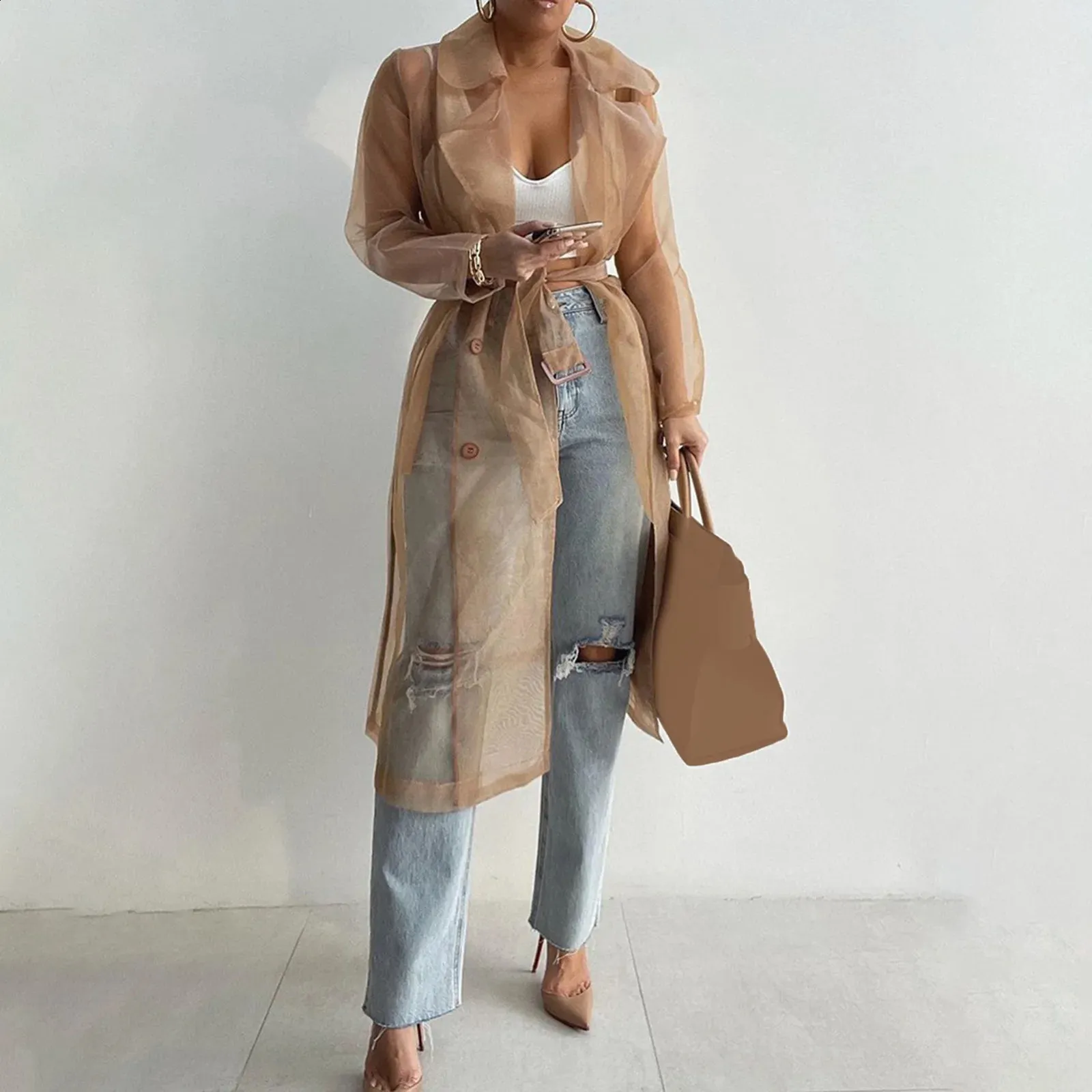 Sheer Mesh Trench Coat: Double Breasted Belted Style, Spring Fashion ...