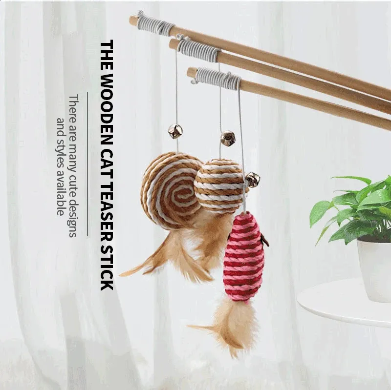 Wooden Stick Cat Toy with Feather and Bell Mouse Interactive from ...