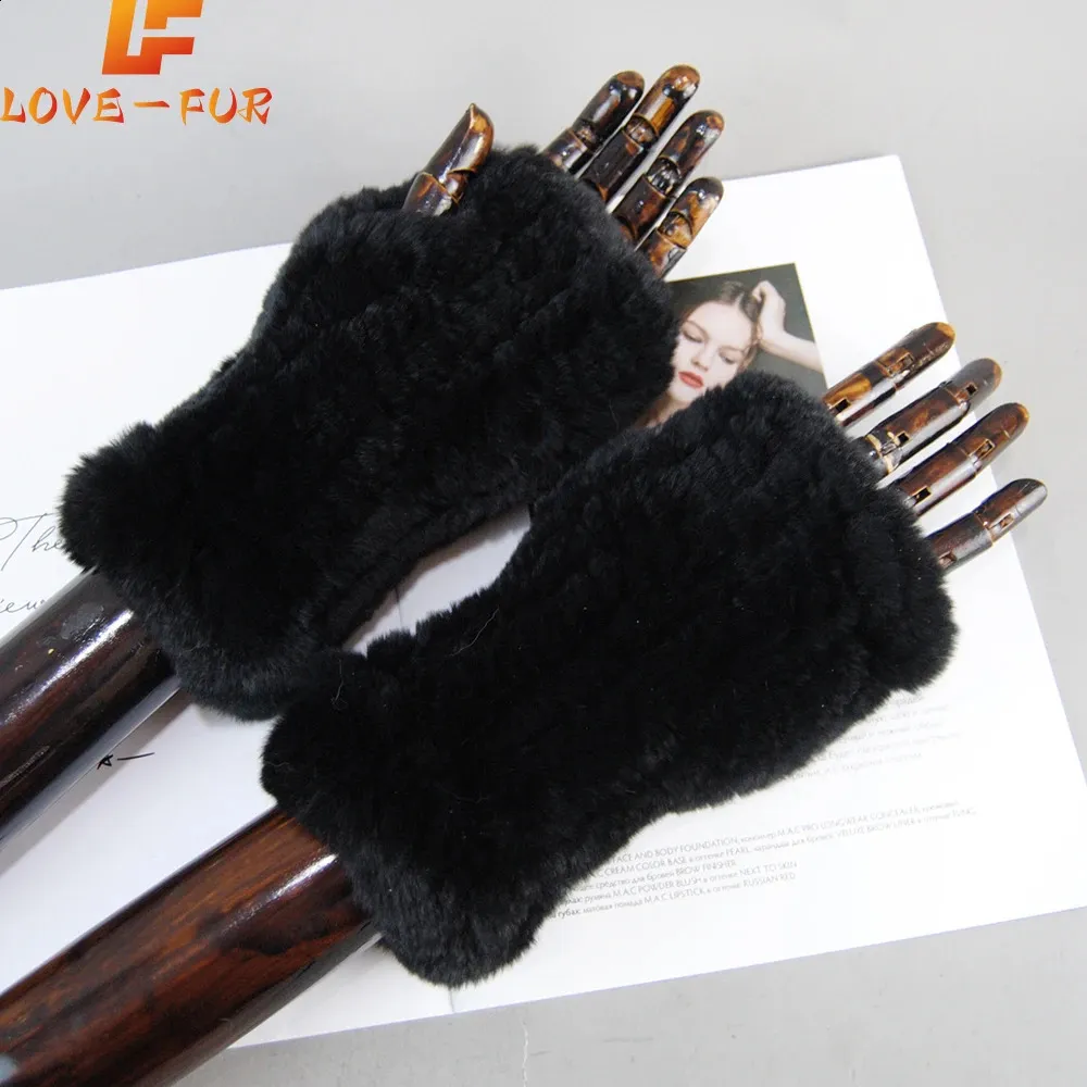 Women's Real Rex Rabbit Fur Gloves with Knitted Cuffs - Warm, Soft ...