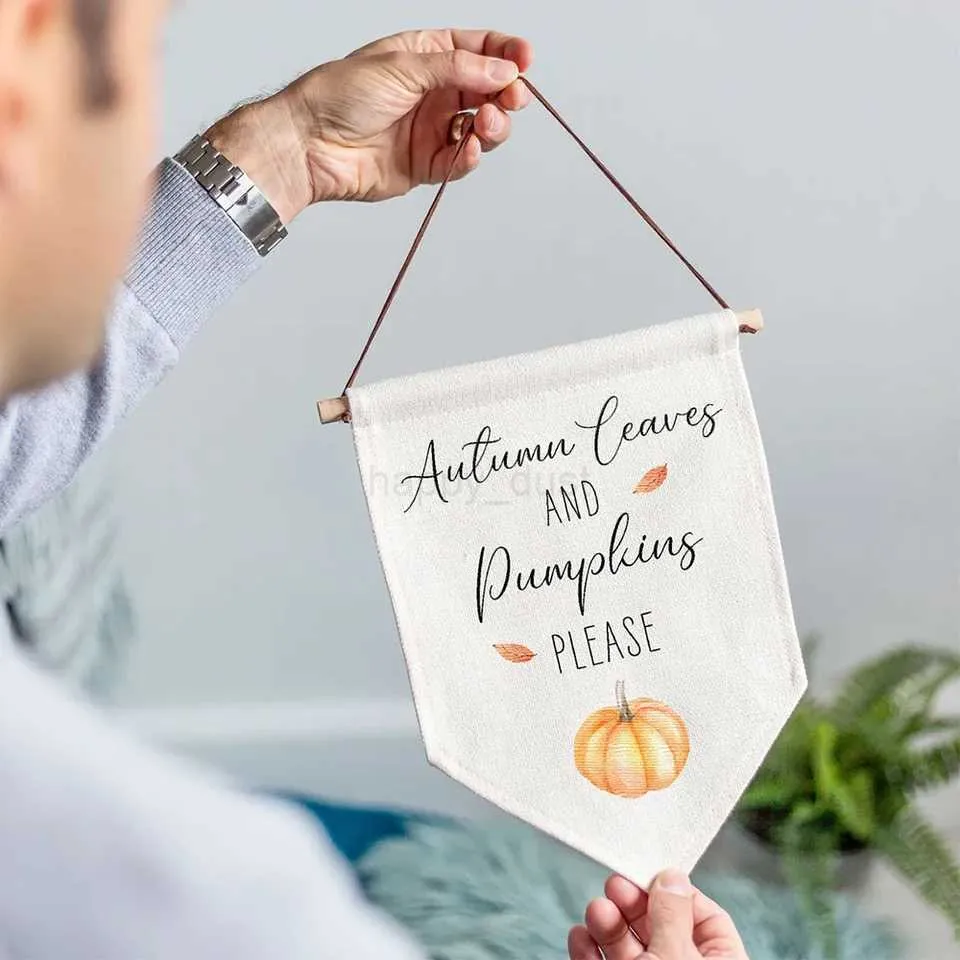 Canvas Hello Fall Hanging Pennant Flag - Fallen Leaves And Pumpkins ...