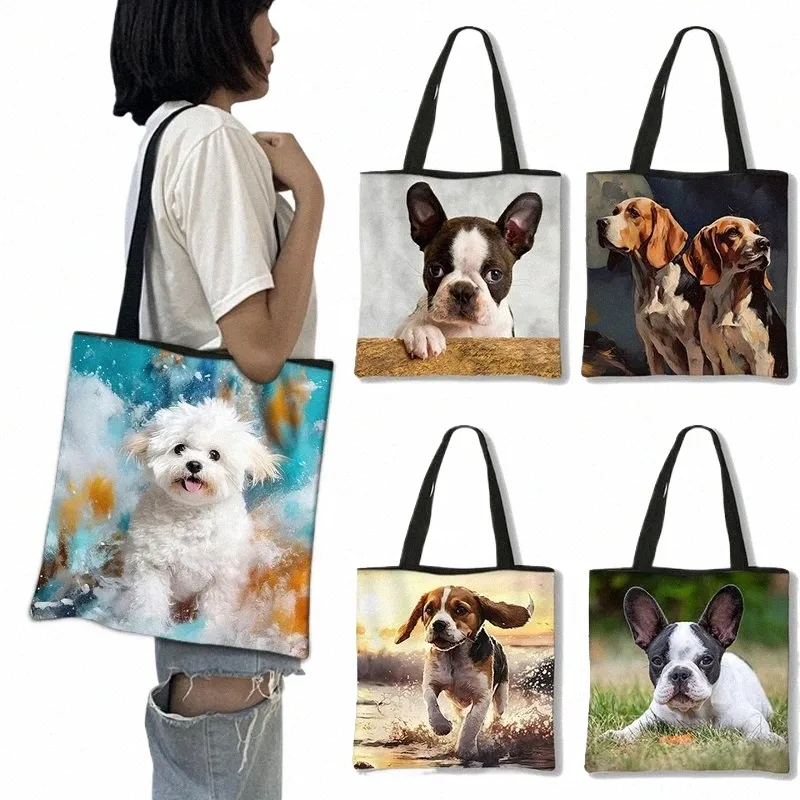 DHgate.com:Cute Dog Print Canvas Tote Bag - Boston Terrier & Bichon ...