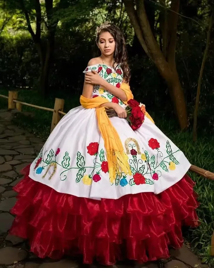 Exquisite Red And White Mexican Charro Princess Mexican Embroidered ...