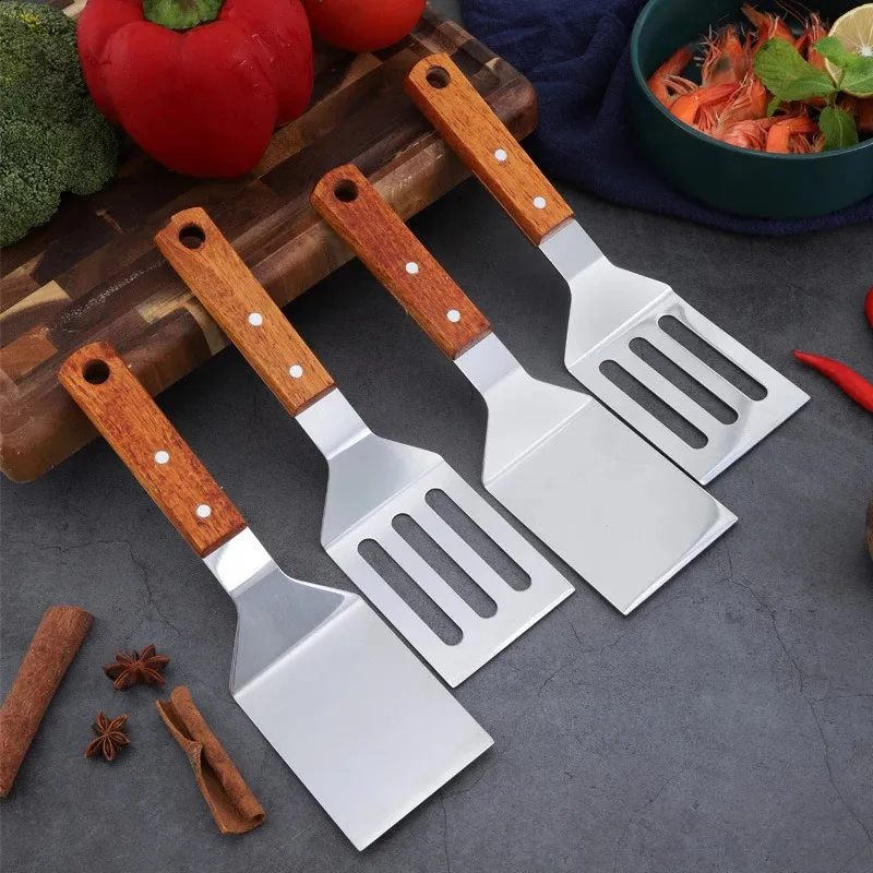 Wooden Handle Stainless Steel Spatula for Teppanyaki Cooking, Frying ...