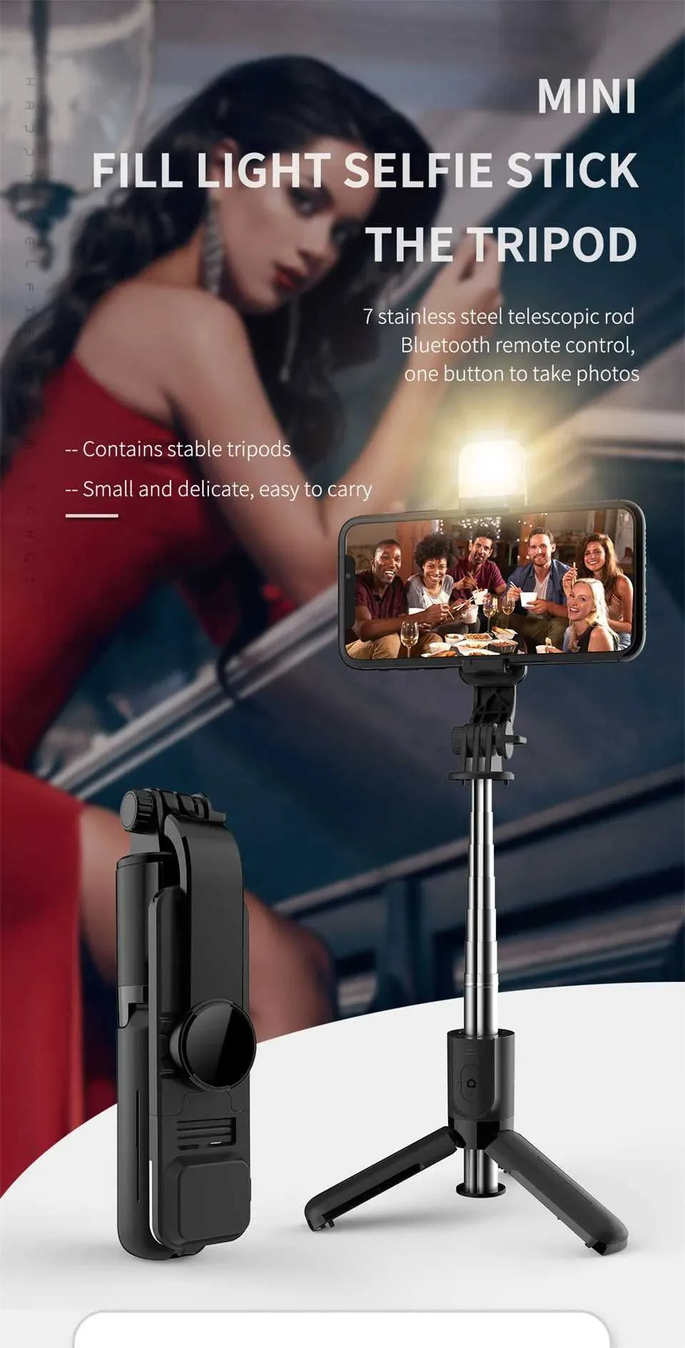 Selfie Stick with Fill Light & Tripod Stand - Mini Phone Holder ...