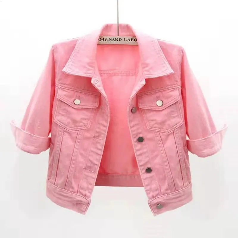 Pink Denim Jacket: Women's Short Jean Jacket, Three-Quarter Sleeve ...