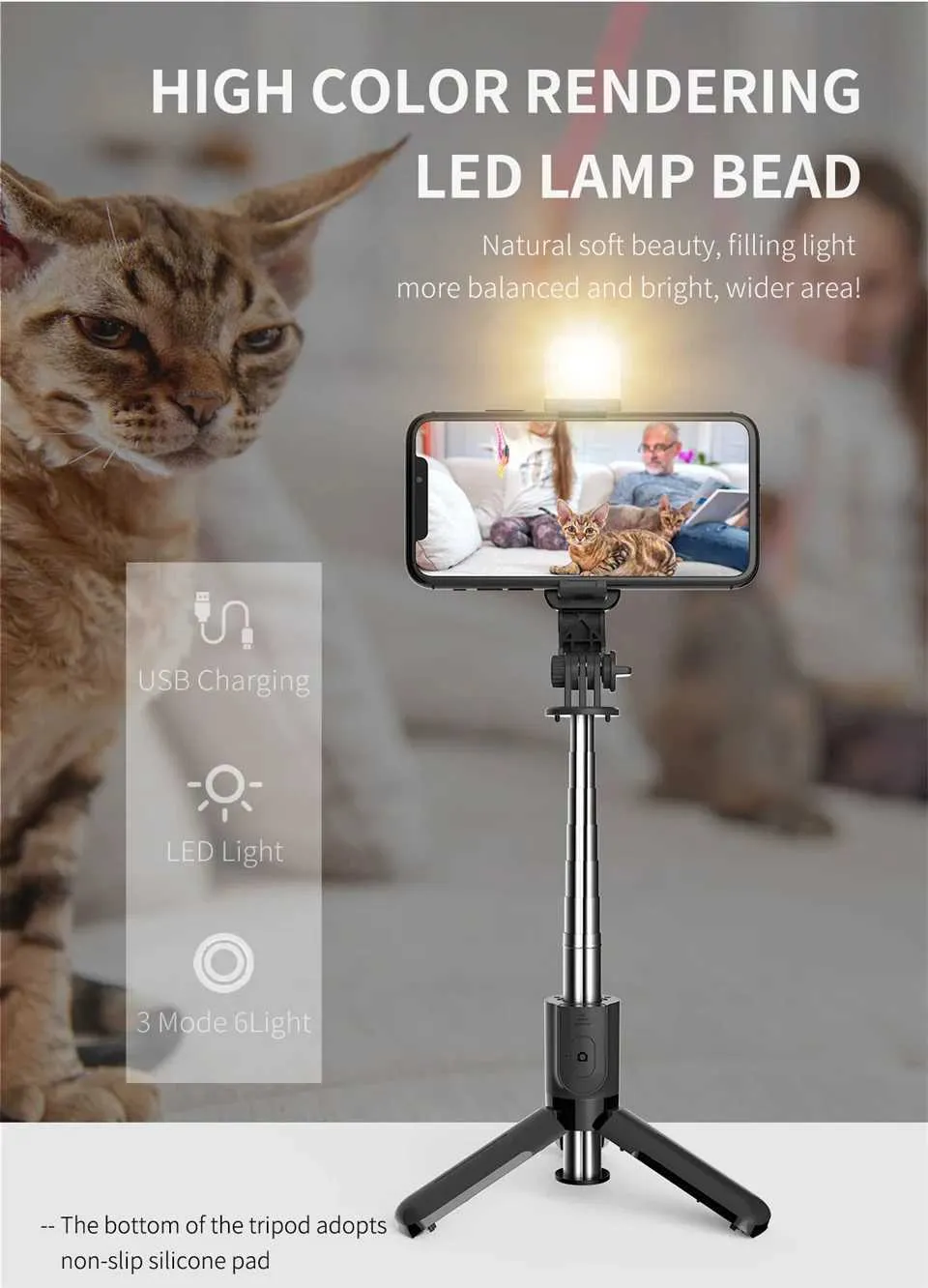 Selfie Stick with Fill Light & Tripod Stand - Mini Phone Holder ...
