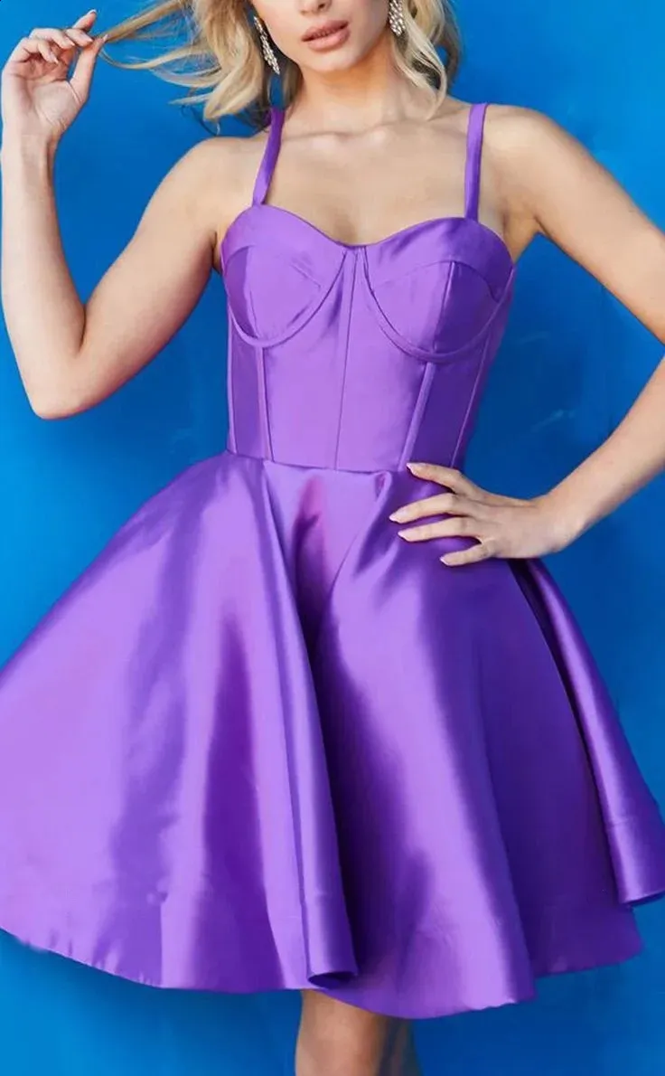 Purple Satin Prom Dress Sweetheart Neckline, Spaghetti Straps, A Line ...