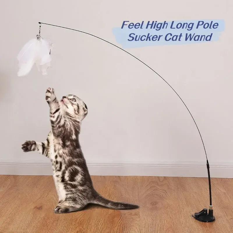 Pet Cat Wand Toy with Fluffy Feather and Bell, Sucker Cat Stick ...