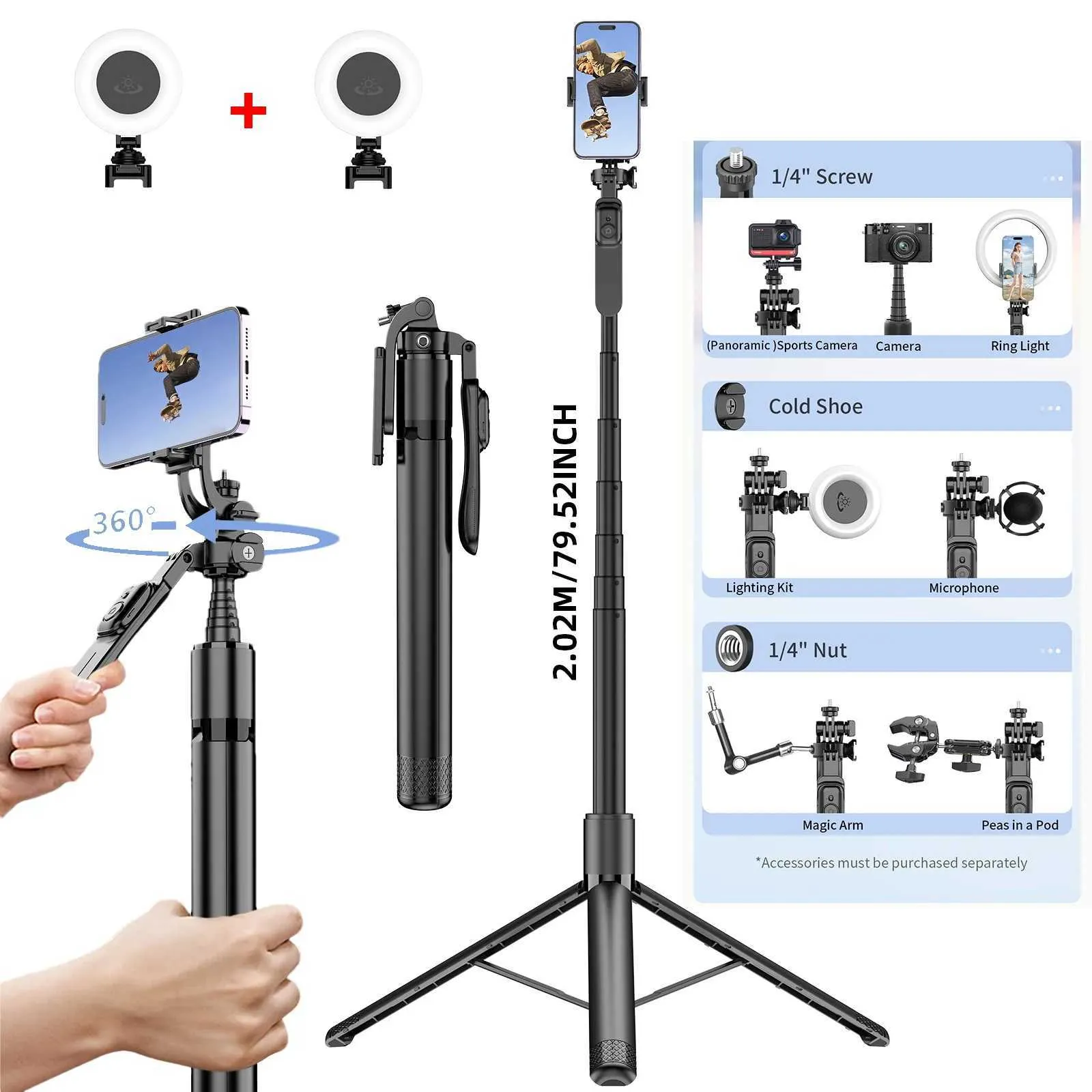 2M Extendable Selfie Stick Tripod with Light & Wireless Remote ...
