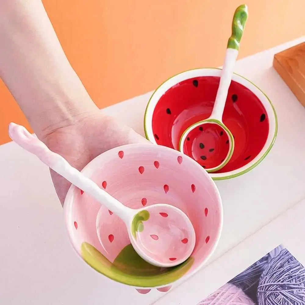 Cute Ceramic Watermelon Bowl & Spoon Set for Kids - Large Rice, Soup ...