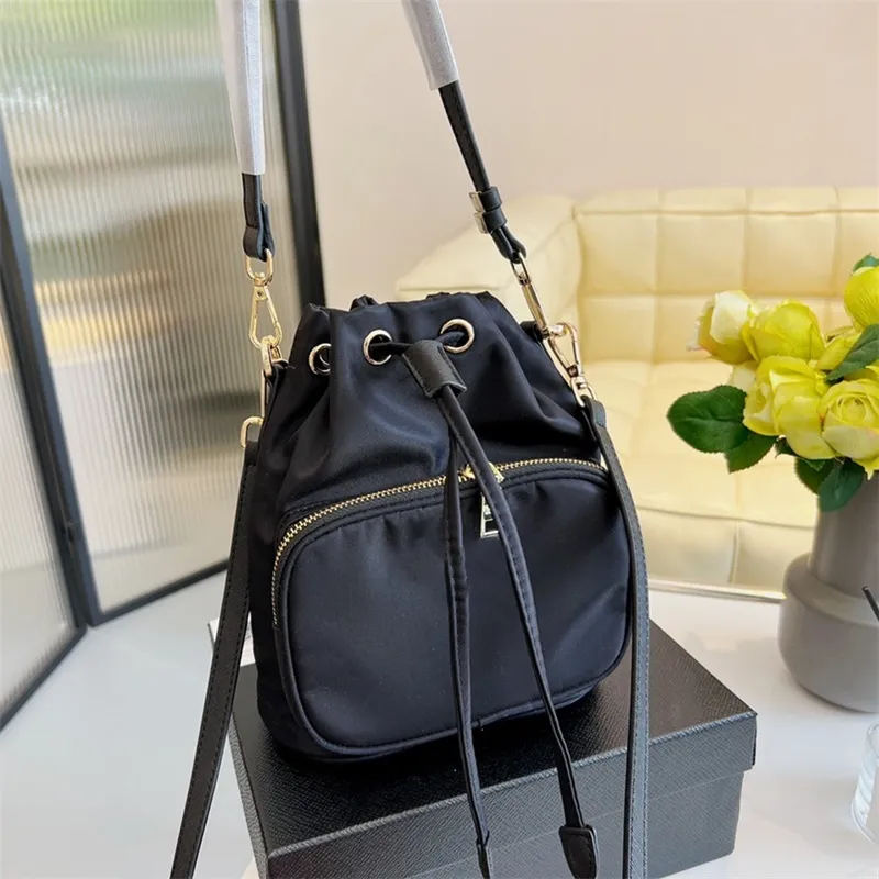 Nylon Crossbody Bucket Bag With String Shoulder Strap In Black From ...