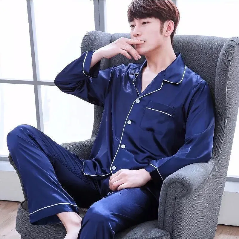 Men's Satin Pajama Set - Long Sleeve Button-Up Sleepwear - Silk Feel ...