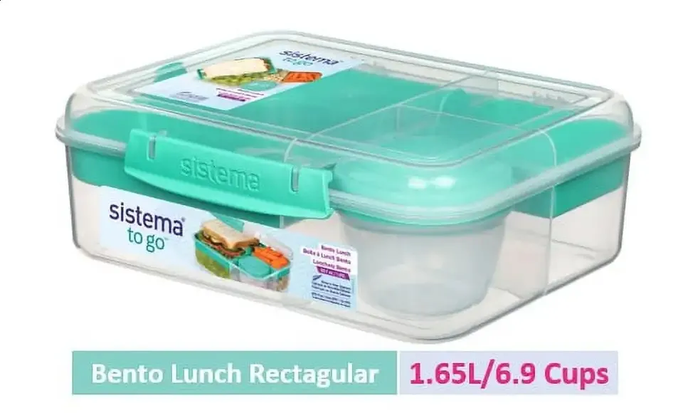 65L Rectangular Bento Lunch Box with Yogurt Pot - Teal, Freezer Safe ...