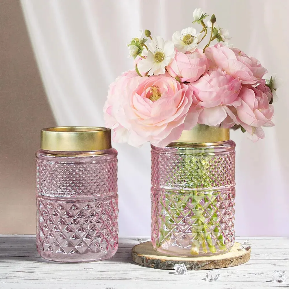 Pink Flower Vases Set - Elegant Fluted Glass with Golden Accents, Table ...