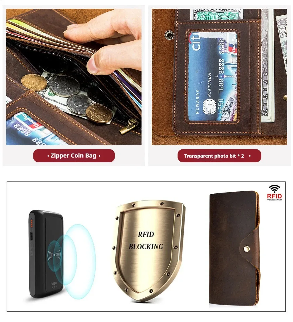 Men's Vintage Genuine Leather Long Zipper Wallet, Cowhide Multi-Card ...