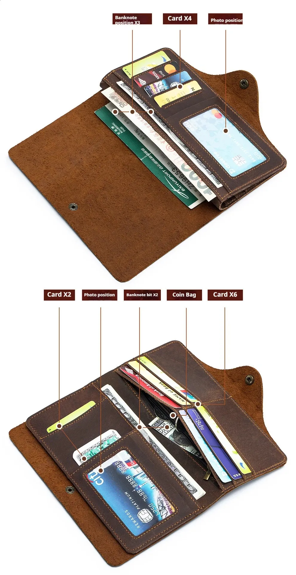 Men's Vintage Genuine Leather Long Zipper Wallet, Cowhide Multi-Card ...