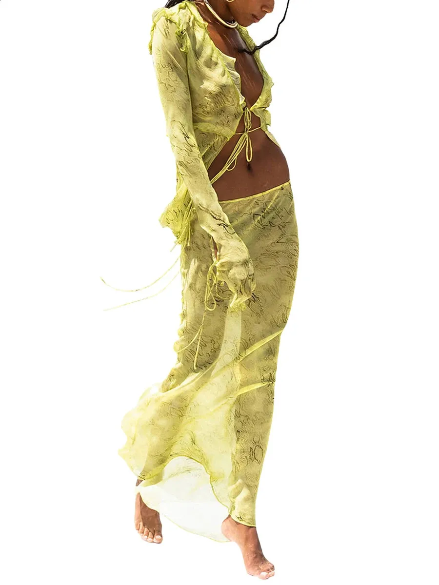 2024Summer Vacation Tie-Up Sheer Mesh 2-Piece Skirt Set with Mesh Top ...