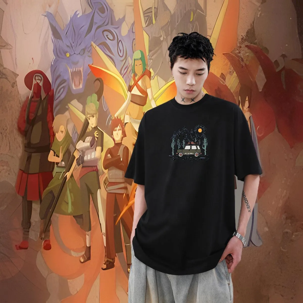 100% Cotton Couples Anime T-Shirts, Custom Oversized Crew Neck Tops ...