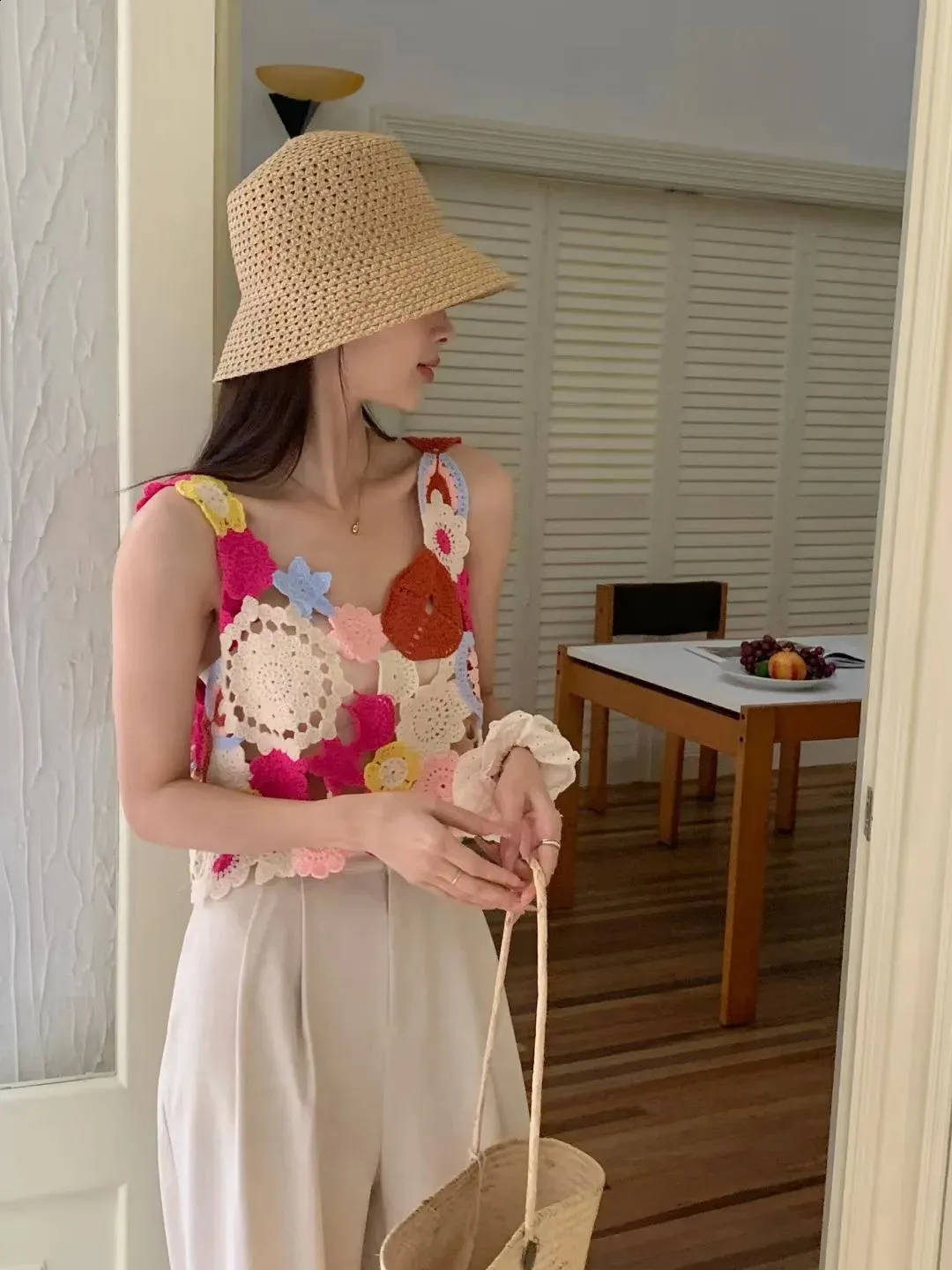 Women's Multicolor Floral Crochet Open-Knit Crop Tank Top - Summer ...