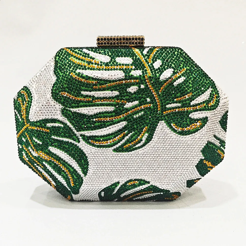 White Green Leaf Diamond Evening Bag Crystal Gold Wedding Prom Clutches ...