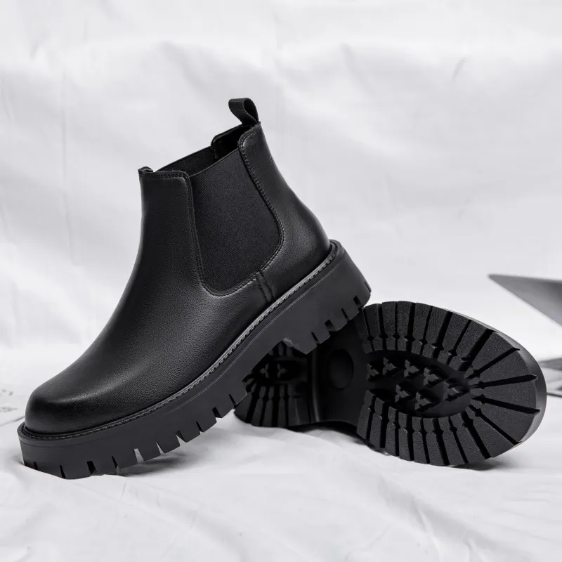 Stylish Black Platform Chelsea Slip On Work Boots For Men Slip On Ankle ...