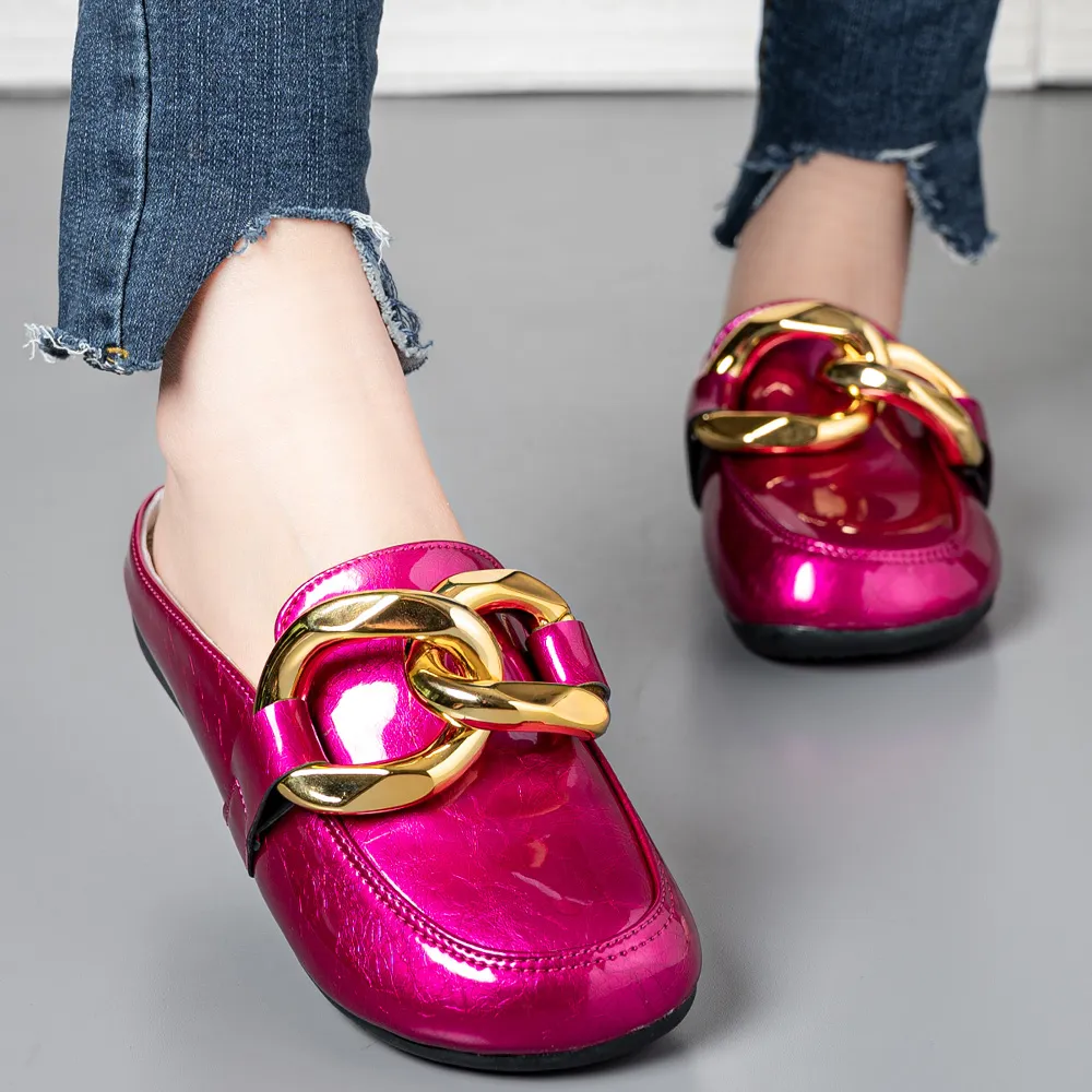 Gold Slippers: Women's Closed Toe Mules With Delicate Chain Detail ...