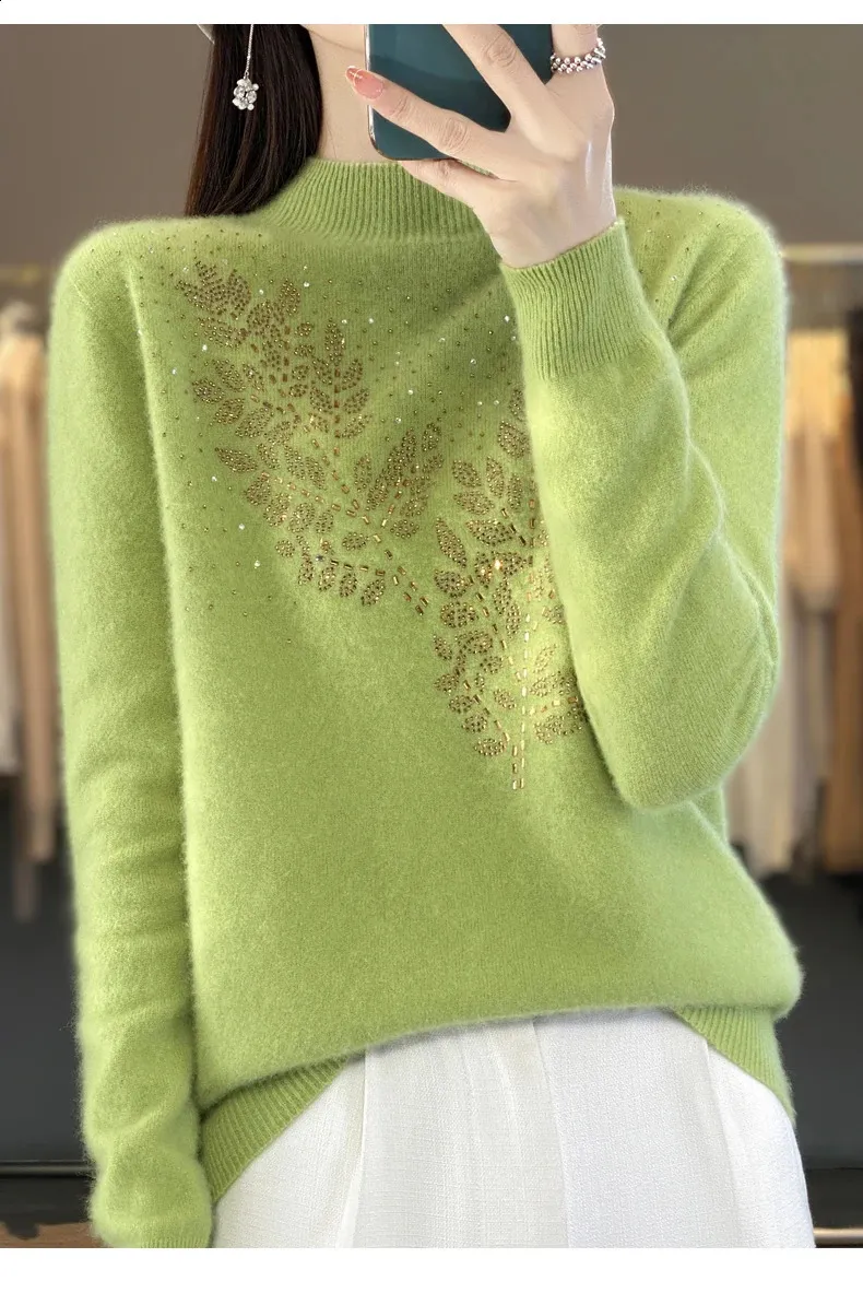 Women's Merino Wool Sweater, Half High Collar, Long Sleeve Printed Top ...