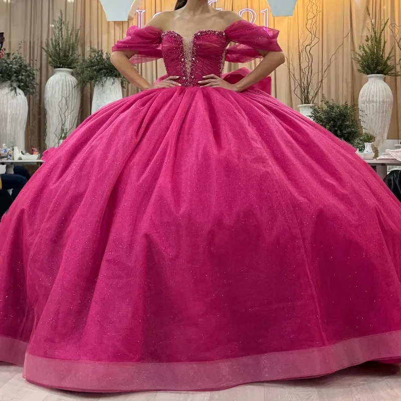 Off Shoulder Rose Red Princess Fuchsia Quinceanera Dresses With Beaded ...