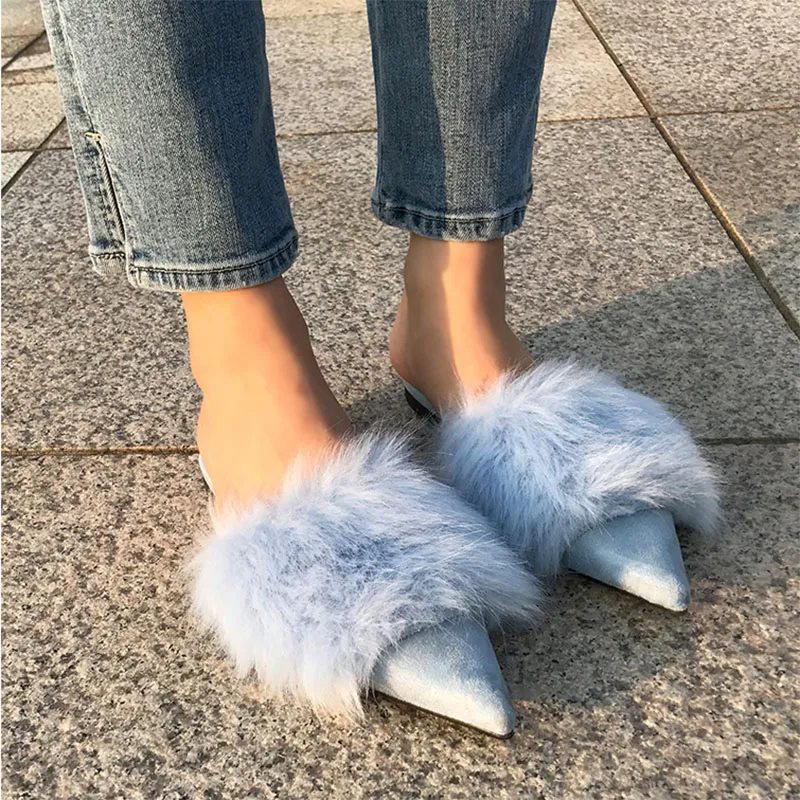 Fluffy Fur Slides Shoes Ladies Outdoor Lawn Pointy Toe Mules Rubber ...