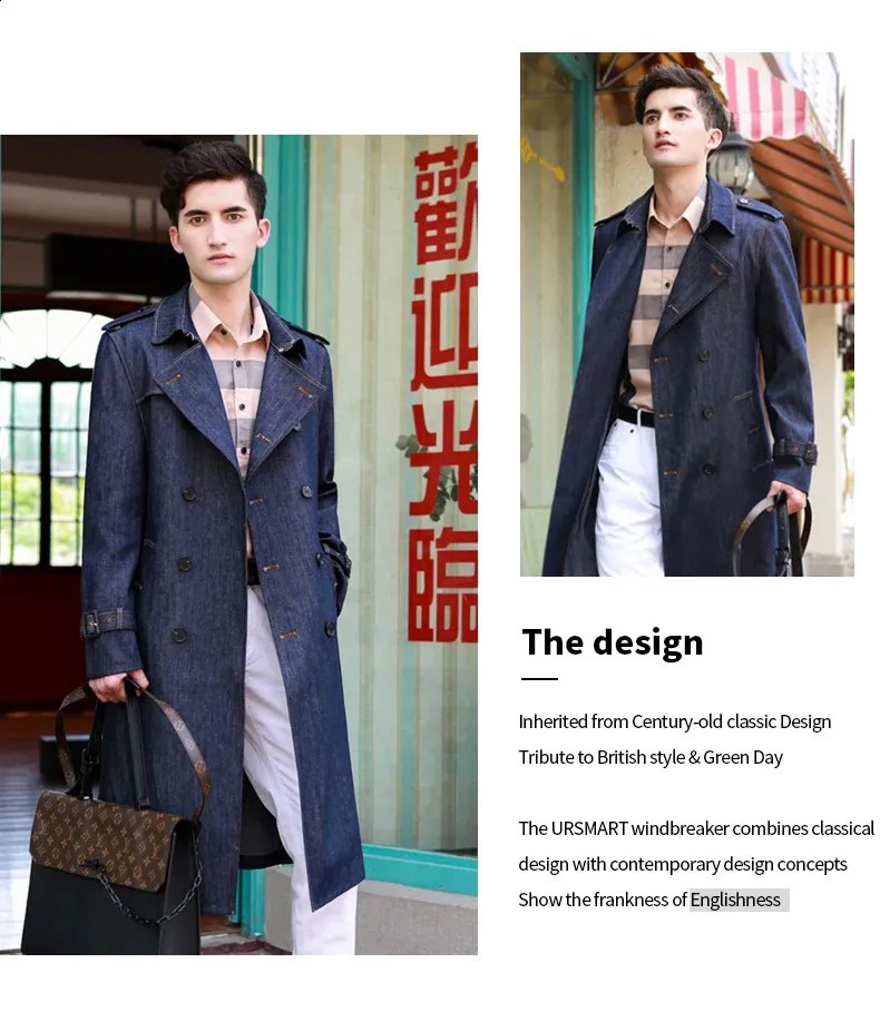 Premium Men's Long Denim Trench Coat: Double-Breasted, Warm Winter ...