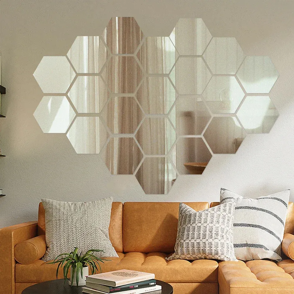 Hexagon Acrylic Mirror Wall Stickers 3D Mirror Decals Small Black Three ...