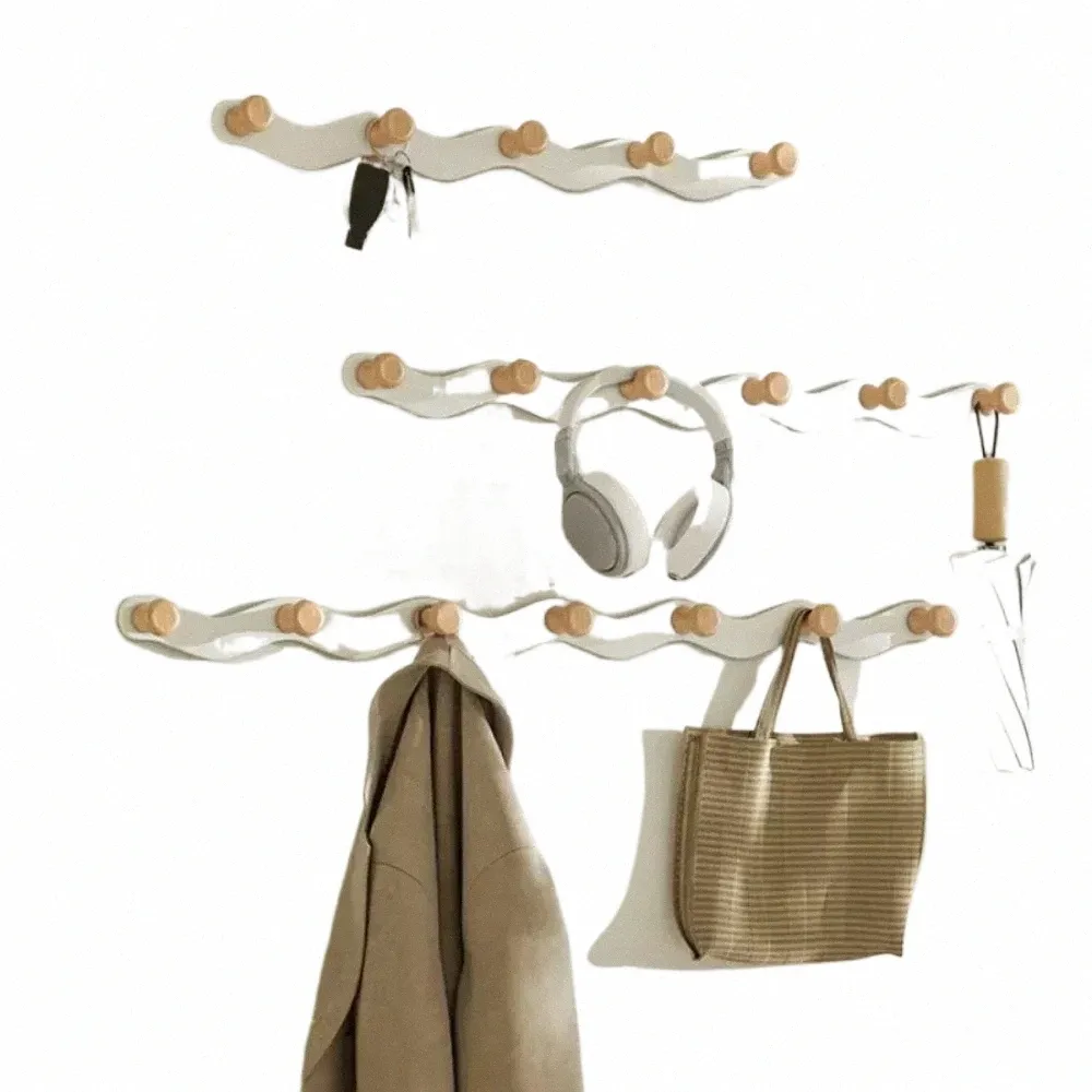 Stylish Wooden Coat Hooks Wall Mount - Creative Wave Design, No-Punch ...