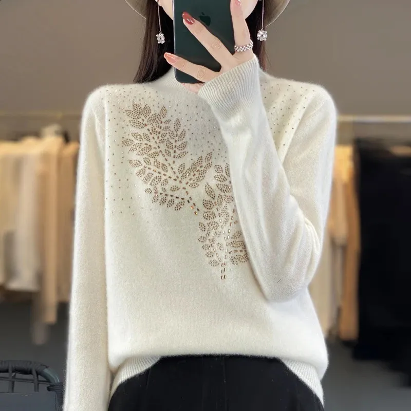 Women's Merino Wool Sweater, Half High Collar, Long Sleeve Printed Top ...