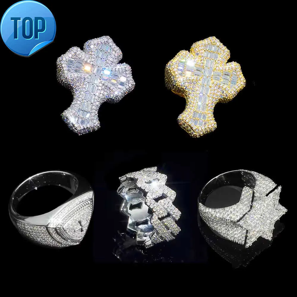 Iced Out Hip Hop Ring: 14K/18K Gold VVS Moissanite Cross, 925 Silver ...