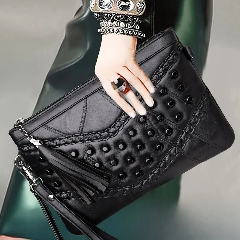 Trendy Gothic Studded Crossbody Clutch Purse with Tassel - Chic Black ...