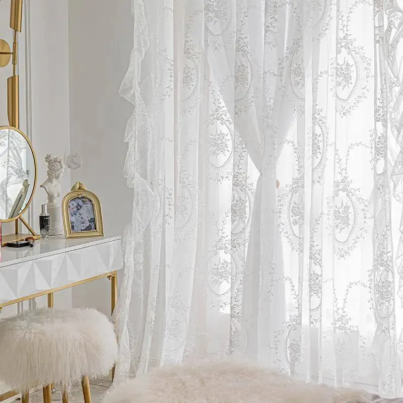 White Sheer Lace Curtains - Retro Floral Embroidery, Light Filtering ...