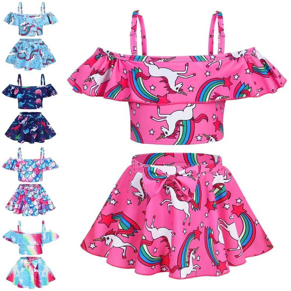 Jurebecia Girls Two Piece Unicorn Swimsuit Rainbow Ruffle Tankini ...