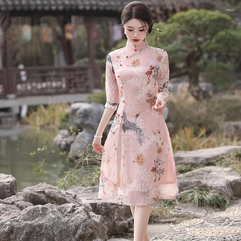 Pink Embroidered Cheongsam Dress For Women Vintage A Line Style, Slim ...
