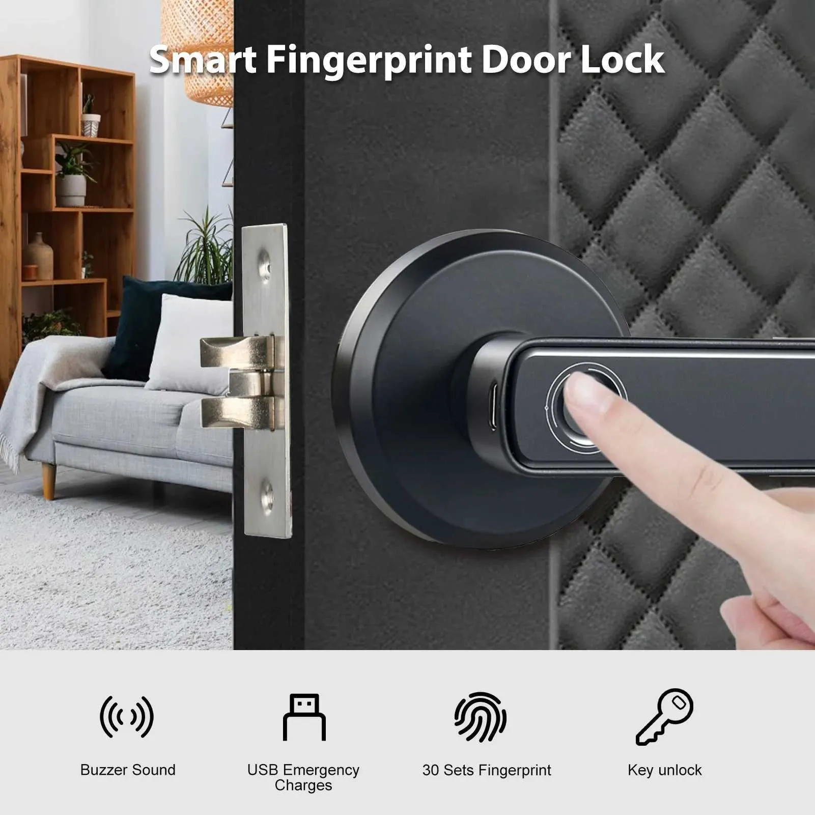 Smart Fingerprint Smart Bedroom Door Lock Keyless Entry Handle For ...
