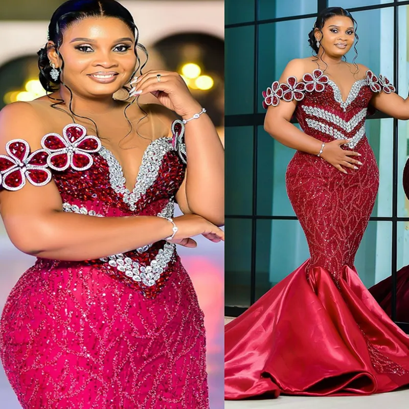 Burgundy Plus Size Mermaid Red Sparkly Prom Dress With Flora Sheer ...