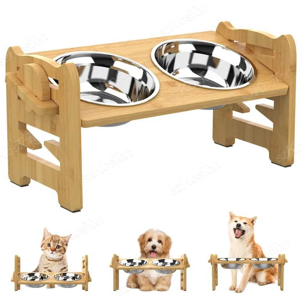 Bamboo Tilt Adjustable Dog Bone Bowl Stand With Stainless Steel Bowl ...