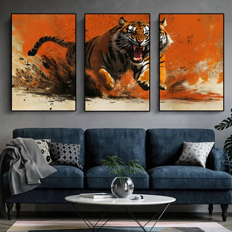 Roaring Tiger Paintings For Living Room With Orange And Black Splatter ...